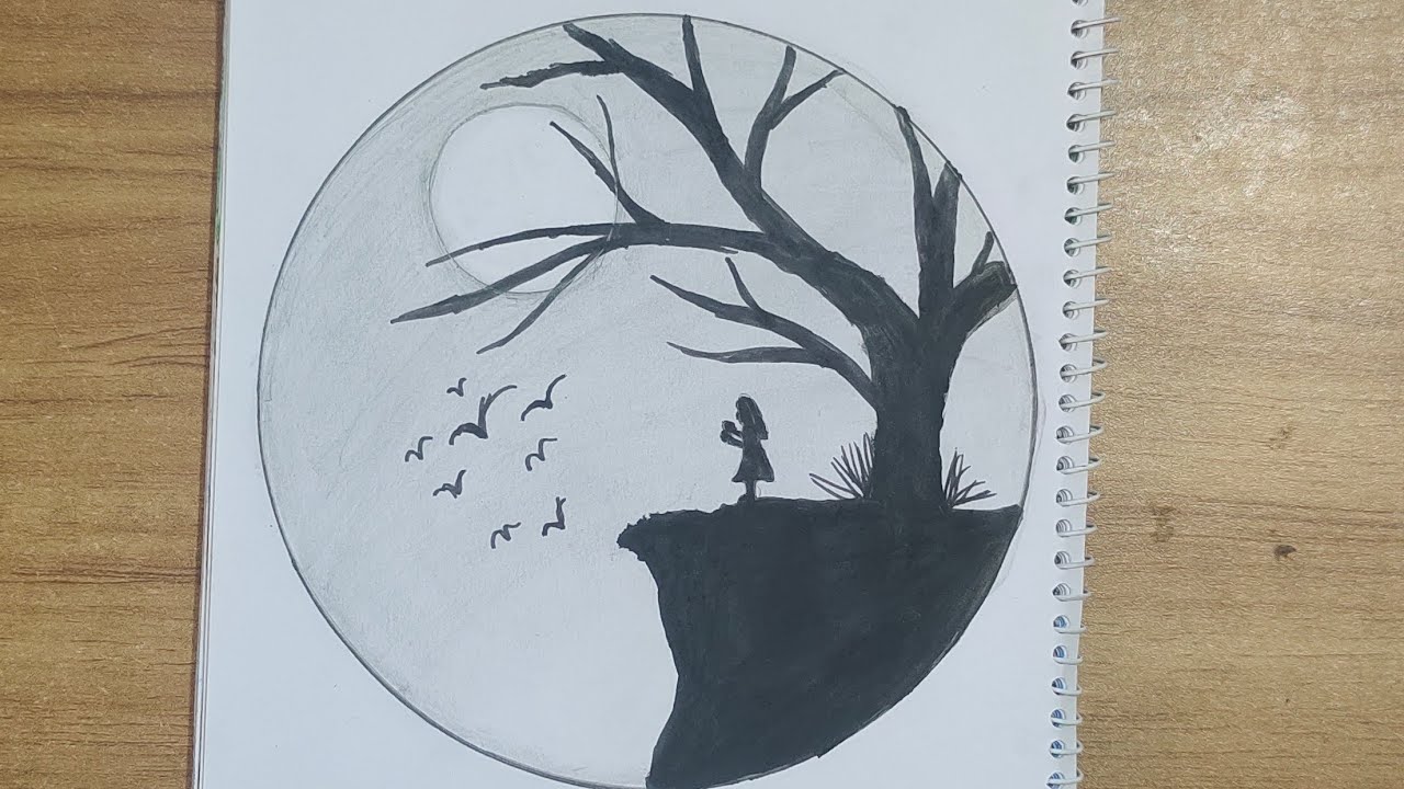 Pencil drawing in circle step by step||Easy scenery drawing||circle ...