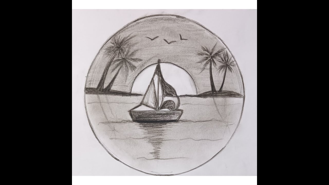 Sunset Scenery Drawing in a circle with Pencil sketch, Drawing for ...