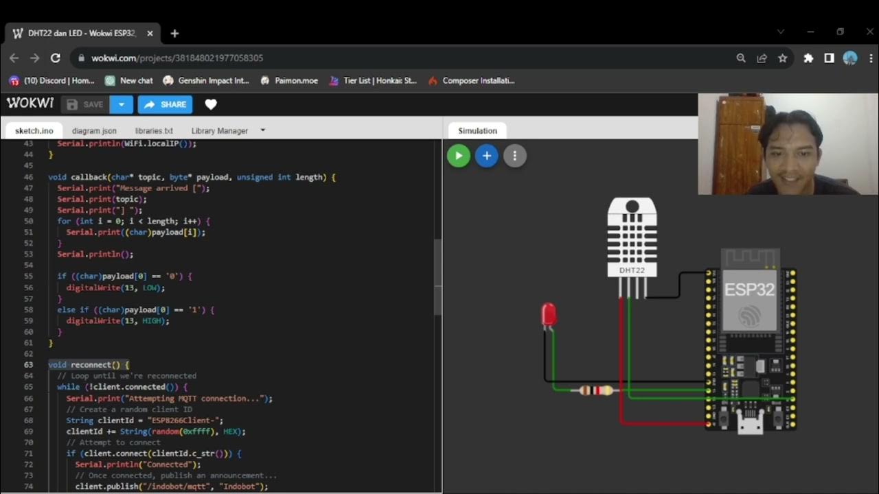 Rangkaian ESP32 dengan Sensor DHT22 disertai dengan LED menggunakan ...