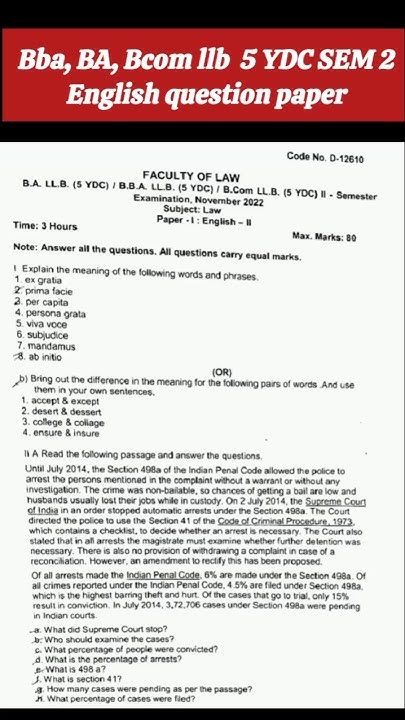 Bba, BA, Bcom llb 5 YDC SEM 2 English question paper #shorts - YouTube
