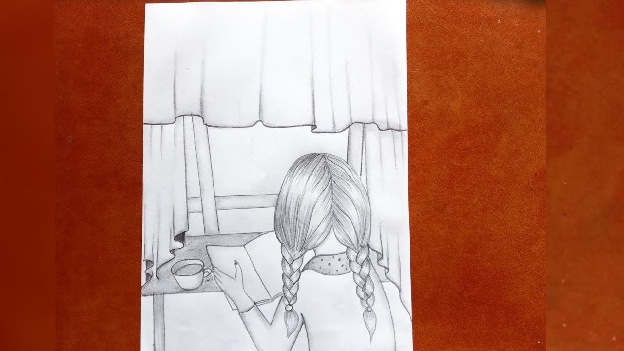 How to draw a girl sitting on the window side and reading a book gir ...