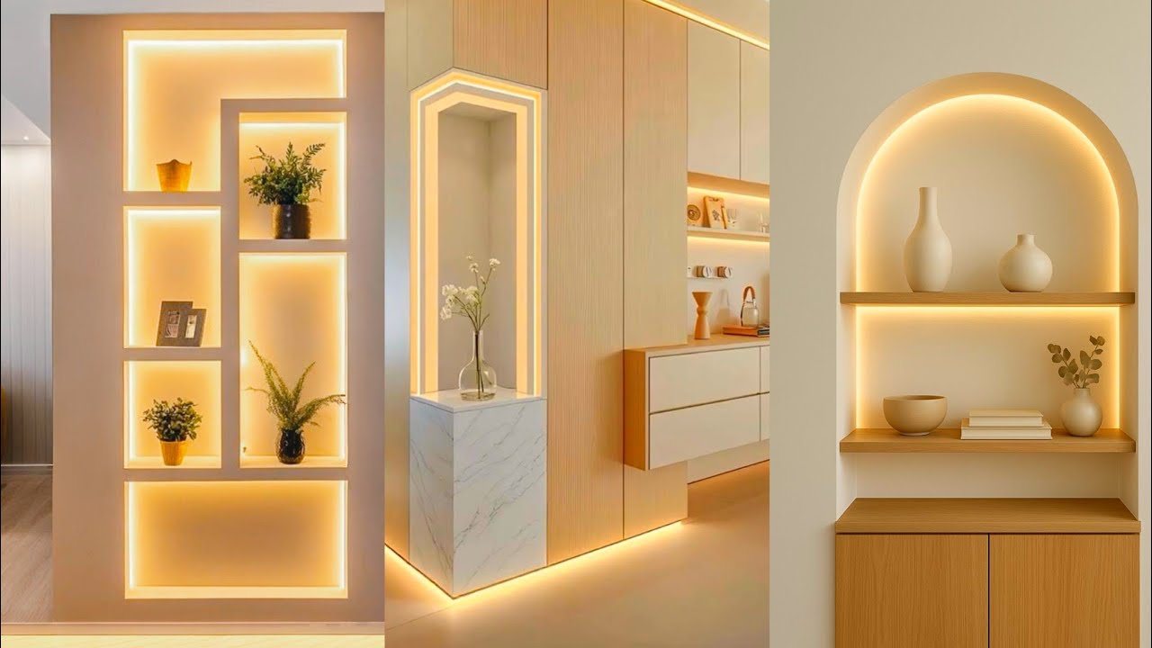 Living Room Wall Niches LED Lights Decor Ideas | False Ceiling Wall ...
