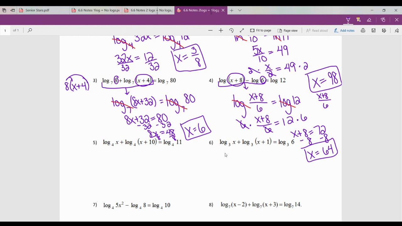 6.6 Solving Logs: 2 logs = 1 log - YouTube