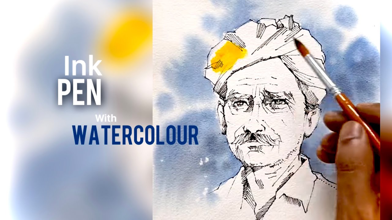 Line and wash portrait. Ink pen with watercolour. Demo by ...