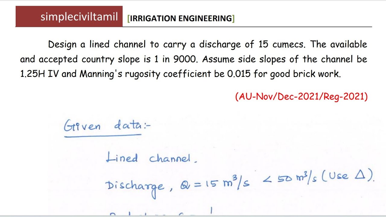 Design of lined canal (Triangular channel) - YouTube