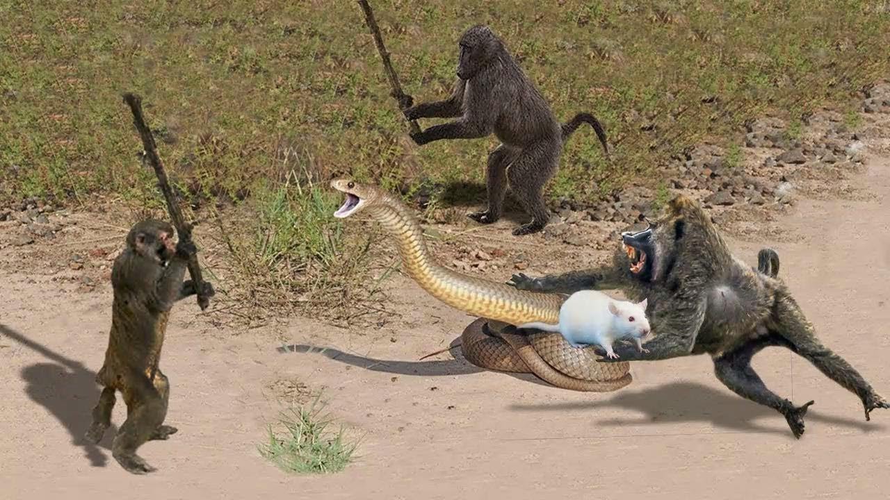 Will capuchin monkey save the mouse from the king cobra's hunt? - YouTube