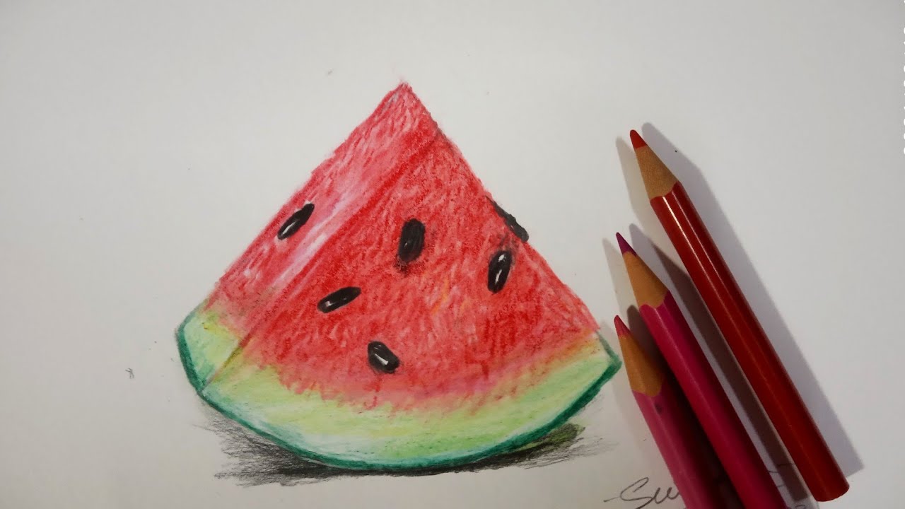 Watermelon drawing with colour pencils || realistic watermelon drawing ...