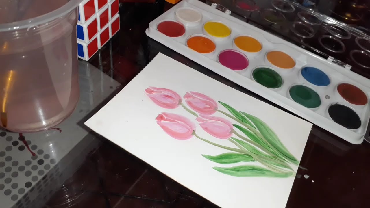 Melukis bunga tulip dengan cat air - YouTube