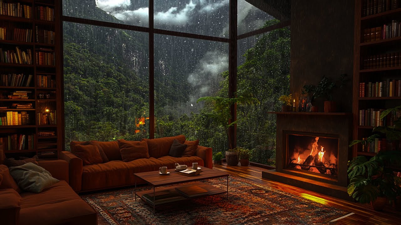 Forest Balcony Night 🌧️ Cozy Fire Pit and Rainfall Sounds for Sleep and ...