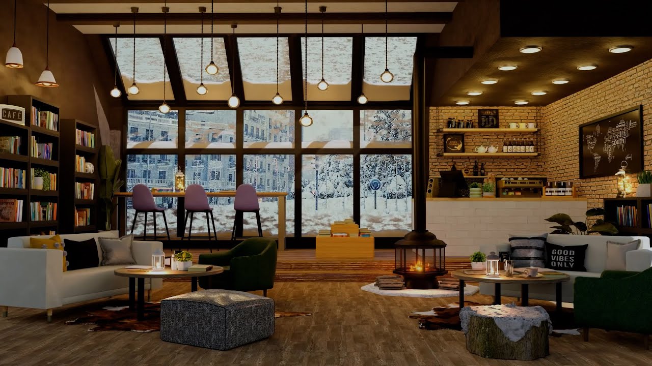 Winter Coffee Shop Ambience,Blizzard Sounds,Crackling Fireplace – RELAX ...