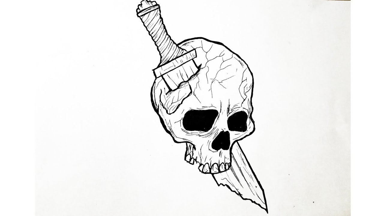 How To Draw A Skull With Sword || Skull Tribal Tattoo - YouTube