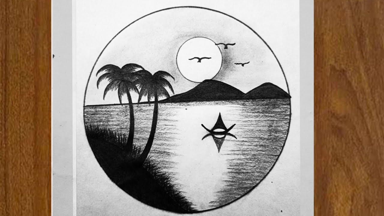 circle pencil drawing easy sunset scenery||sunset drawing step by step ...