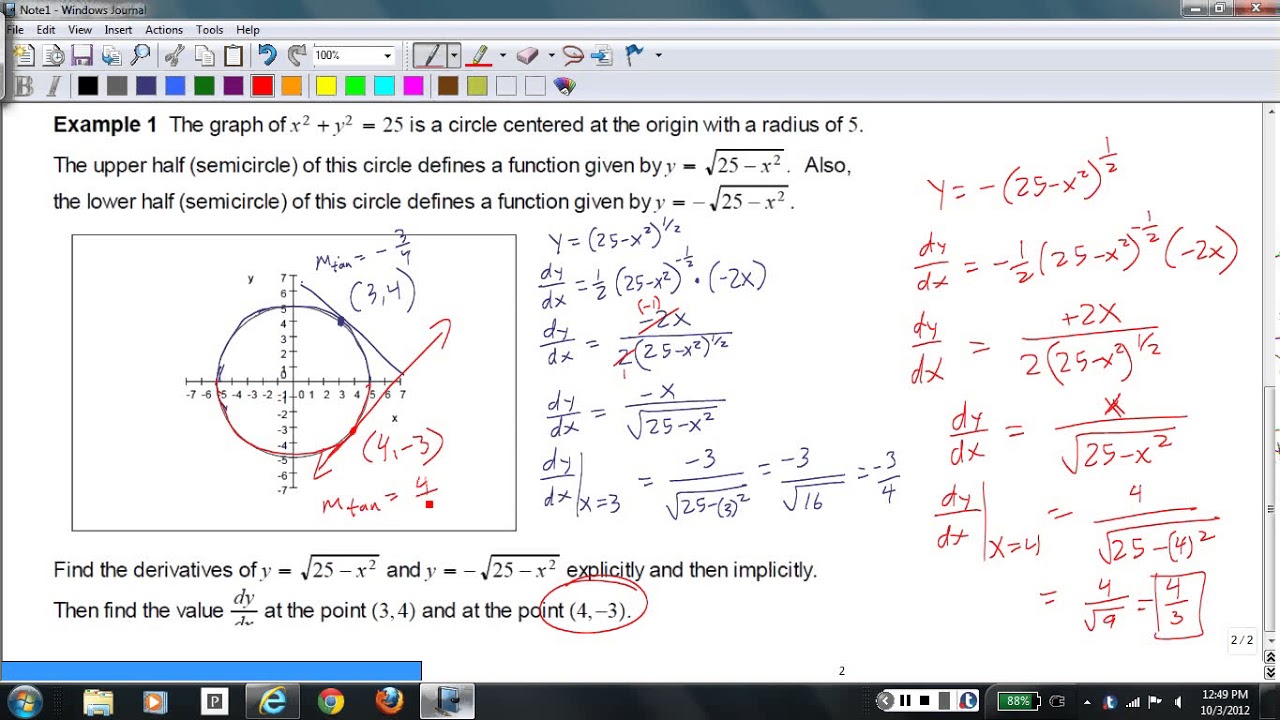 Explicit and Implicit Differentiation for the Slope of a Tangent Line ...