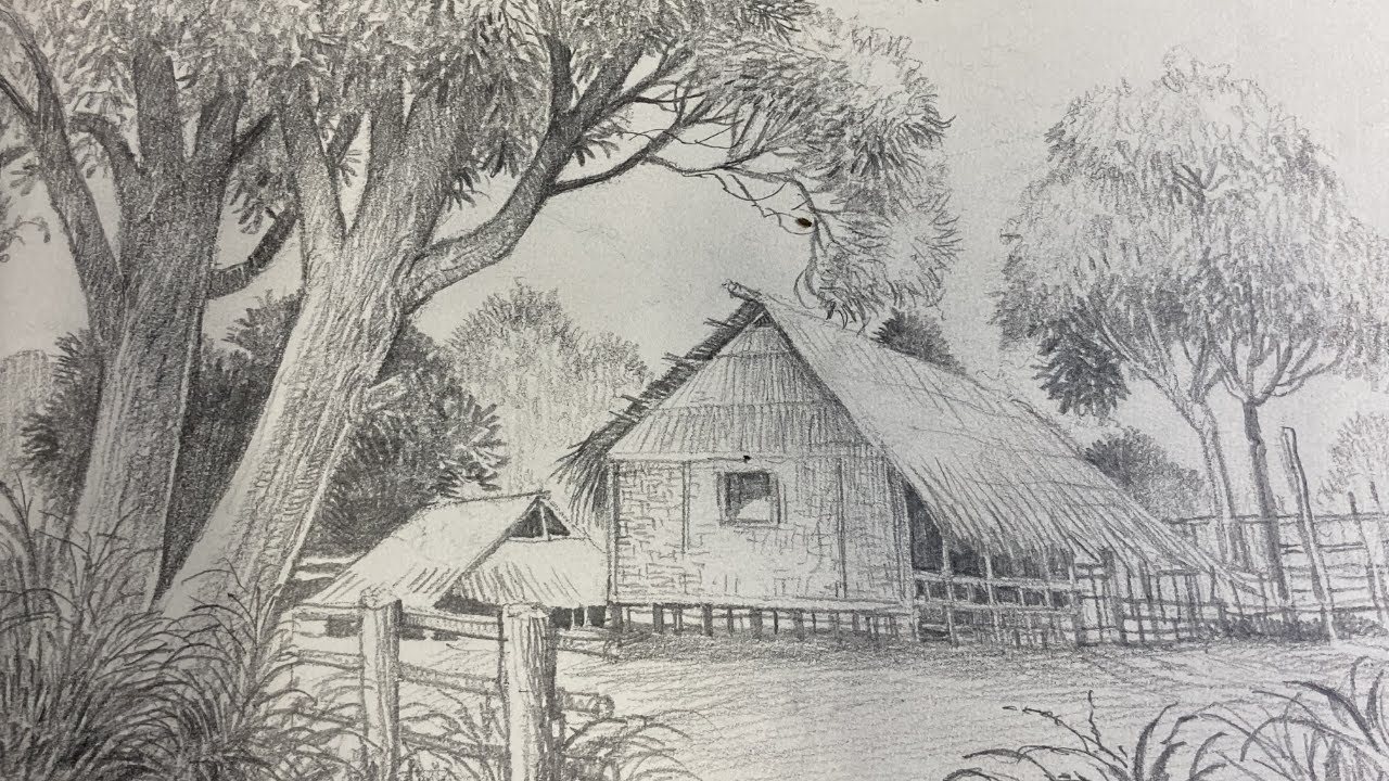 "Beautiful Rural Landscape Pencil Sketch | Traditional Village Art ...