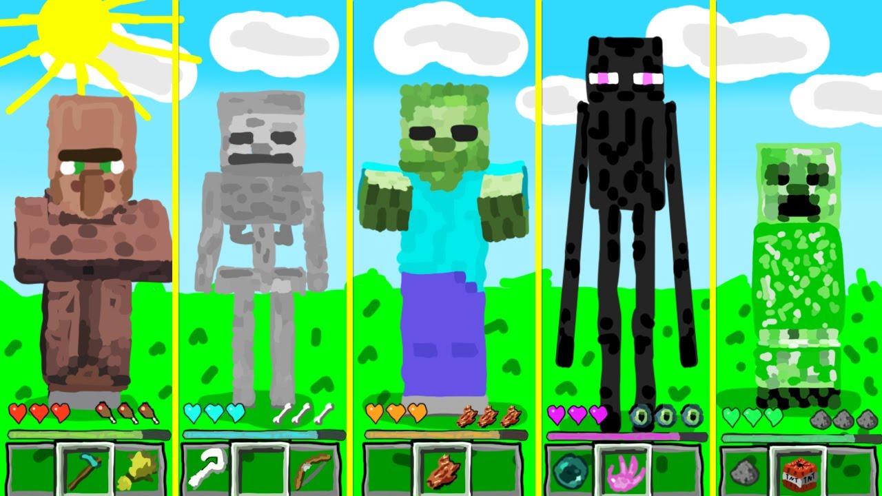 Minecraft HOW TO PLAY CARTOON ZOMBIE ENDERMAN CREEPER SKELETON VILLAGER ...