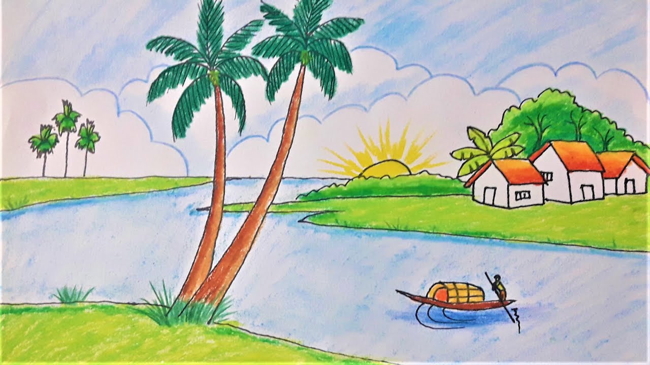village scenery drawing | simple village drawing | easy drawing - YouTube