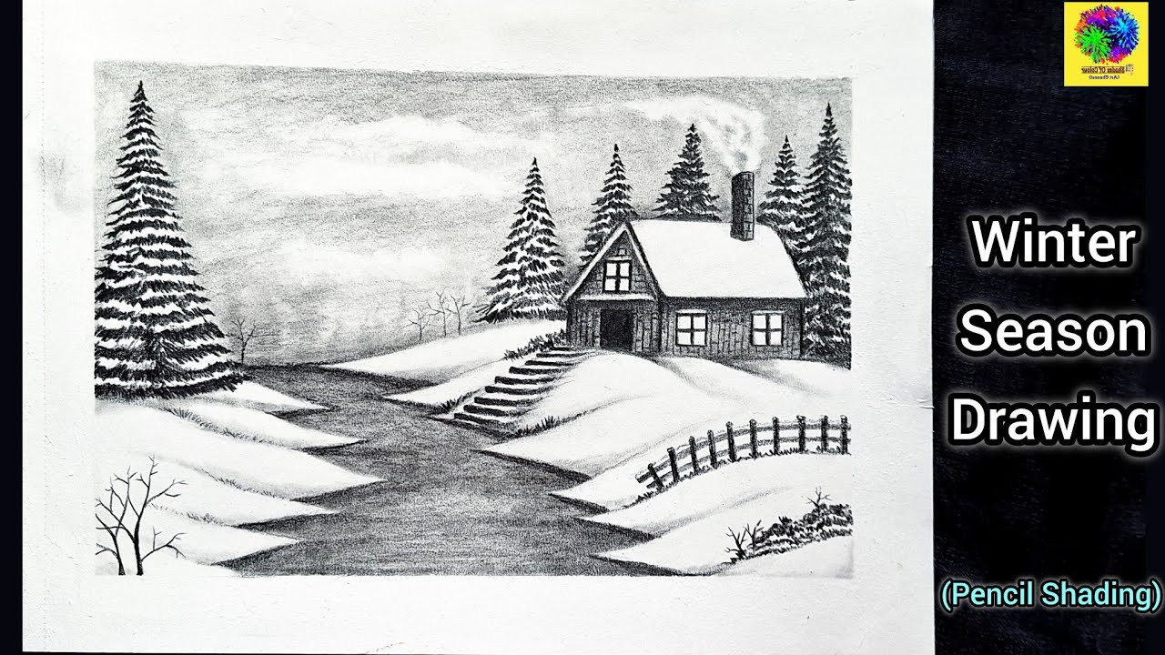 Winter Season Drawing By Pencil Shading ️||Winter River Drawing with ...