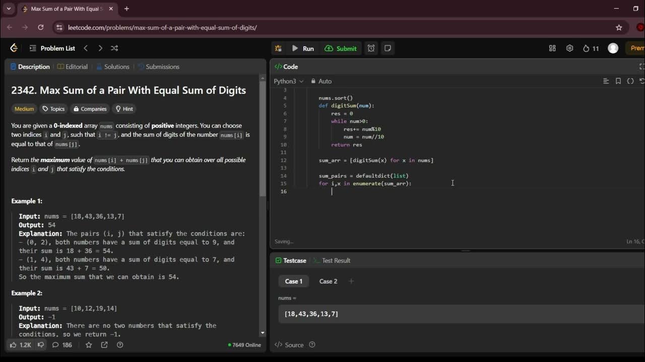 Leetcode Daily - 2342 Max Sum of a Pair With Equal Sum of Digits | Python - YouTube