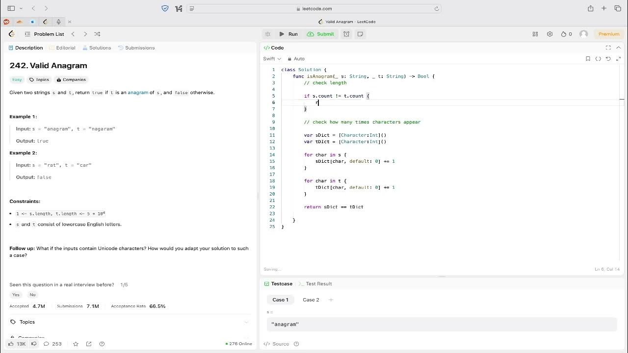 Valid Anagram (LeetCode #242) — Swift Character Counting Solution - YouTube