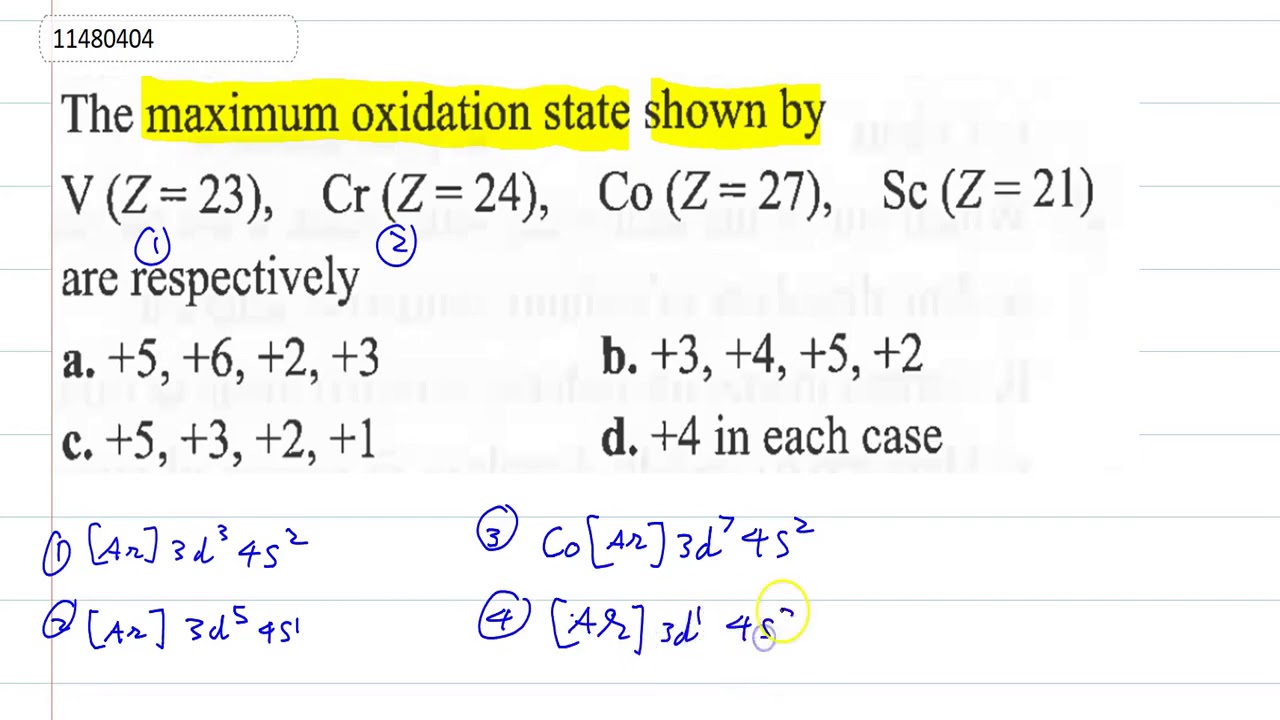 The maximum oxidation state shown by `V(Z=23),Cr(Z=24),Co(Z=27),Sc(Z=21 ...