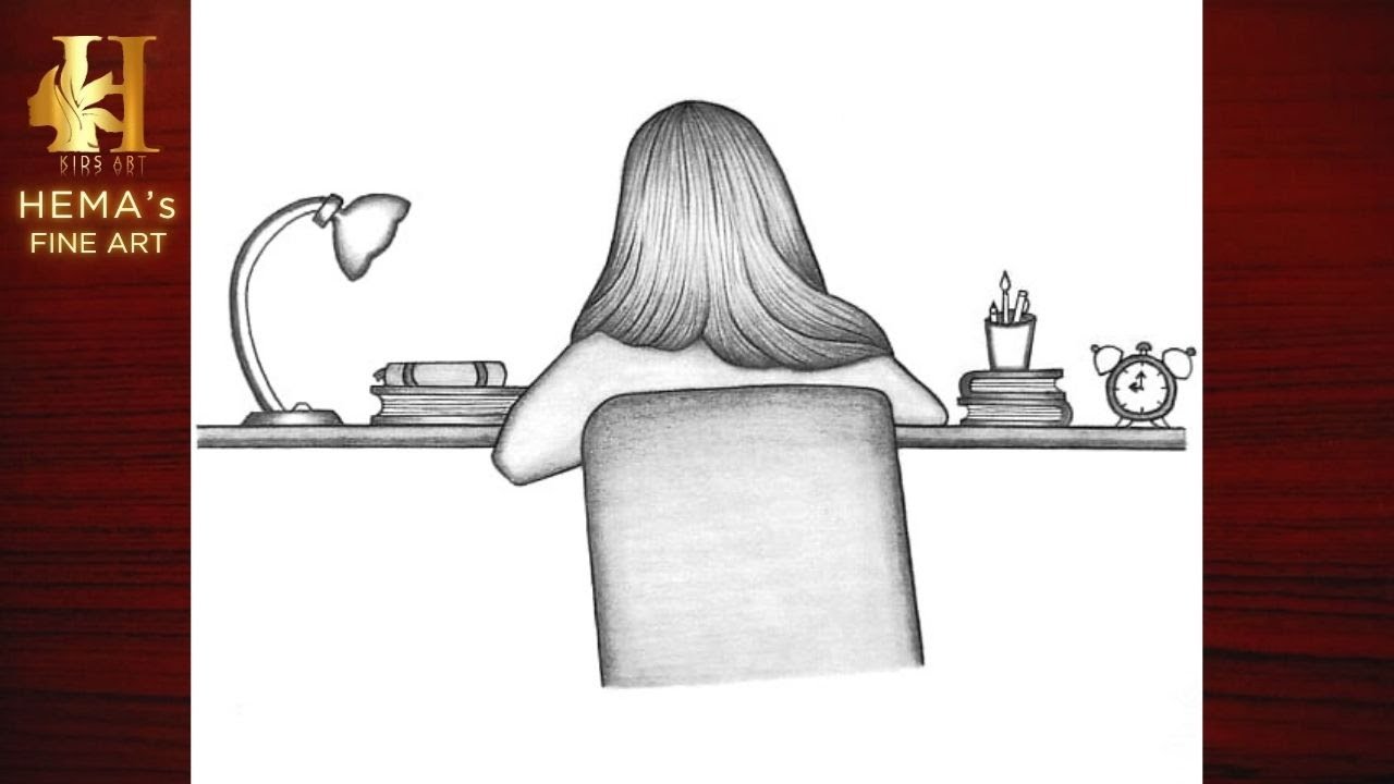 How to draw a girl studying on her table || Pencil sketch drawing ...