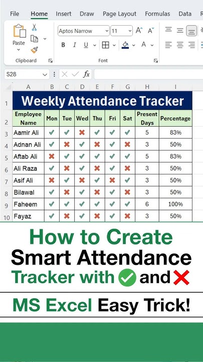 Create an Excel Attendance Sheet with Tick & Cross | Auto % Calculation - YouTube