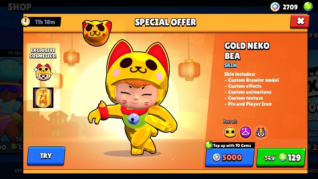 gold neko bea skin special offer brawl stars - YouTube