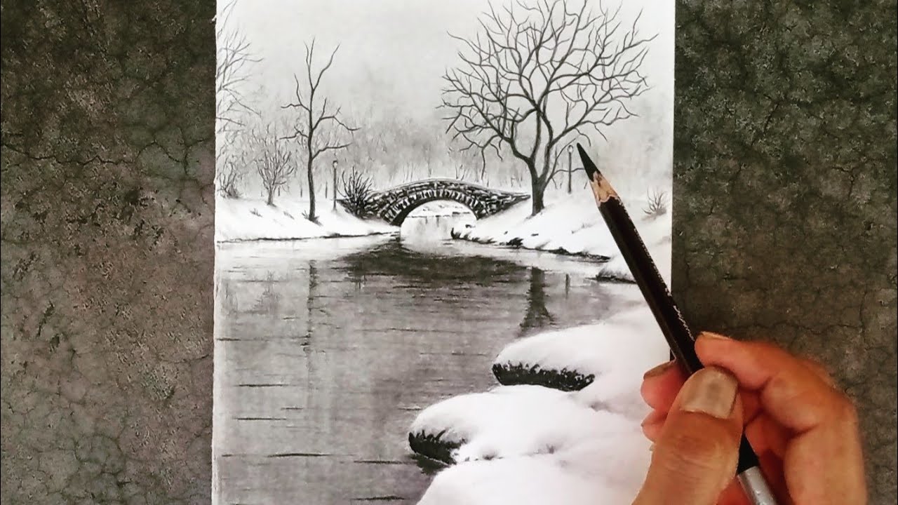 A winter bridge landscape drawing with pencils for beginners. - YouTube