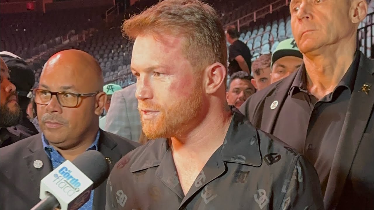 Canelo Alvarez speaks to boxing reporters after defeating Jaime Munguia ...