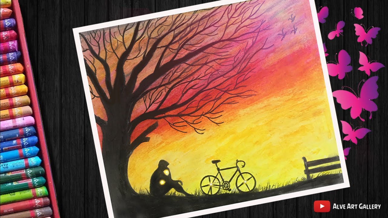 How to Draw Alone Boy Sunset Scenery || Oil Pastel Drawing || Alve Art ...