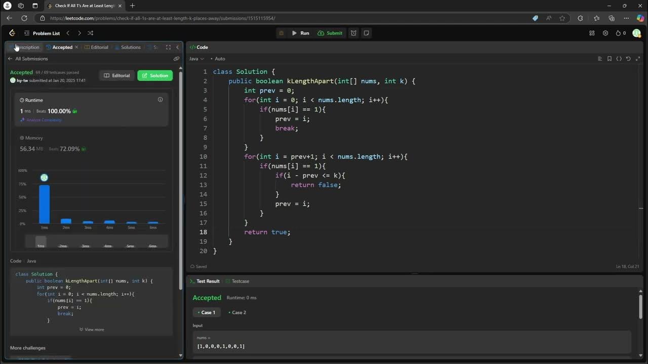 #LeetCode 1437 | Check If All 1's Are at Least Length K Places Away #Java - YouTube