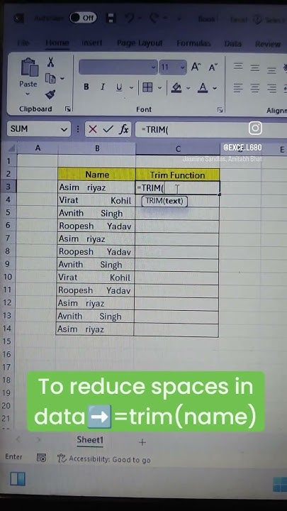 Trim function in excel #exceltech #excelshortcuts #excel #exceltips #excelworld #exceltricks ...