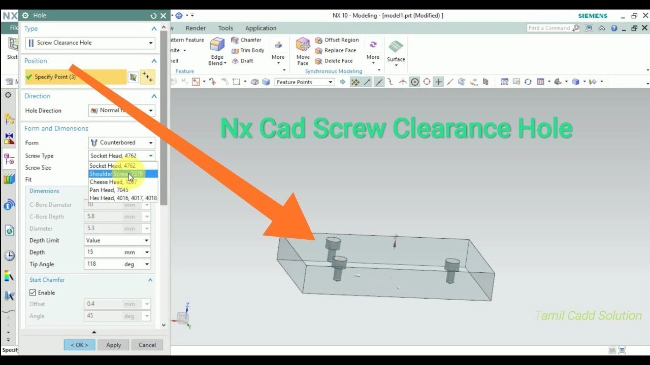 Nx Cad Screw Clearance Hole Command | Tamil | - YouTube
