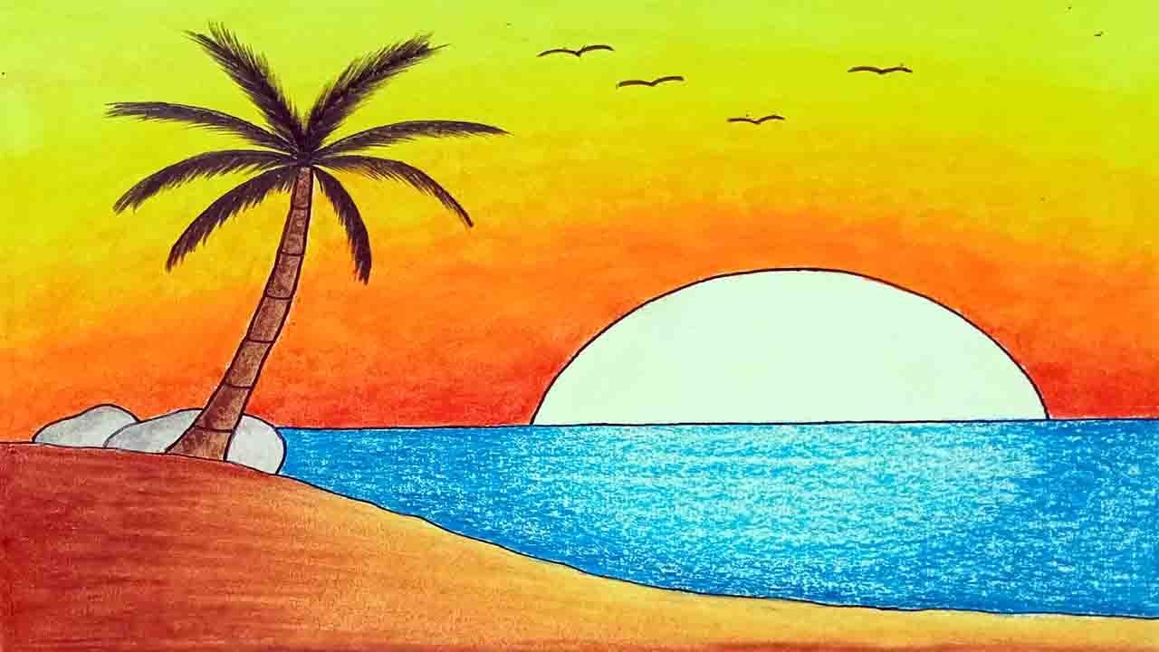 How to draw a easy beach scenery drawing - YouTube