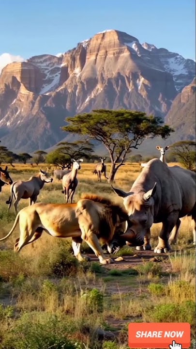 "The Majestic Clash: Lion vs Rhino in an Epic Battle"#lion #wildlife #animals#shortvideo #new # ...