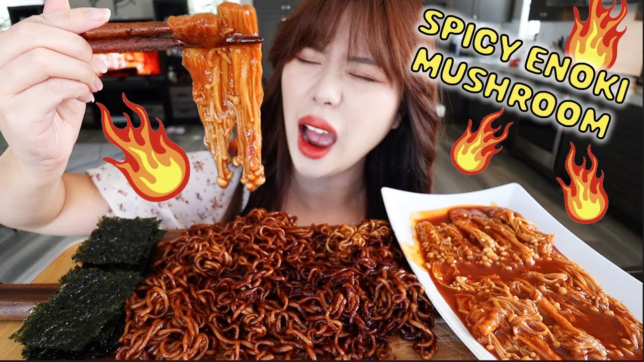 COOKING MUKBANG 먹방 SPICY FIRE Enoki Mushrooms & Black Bean Noodles ...