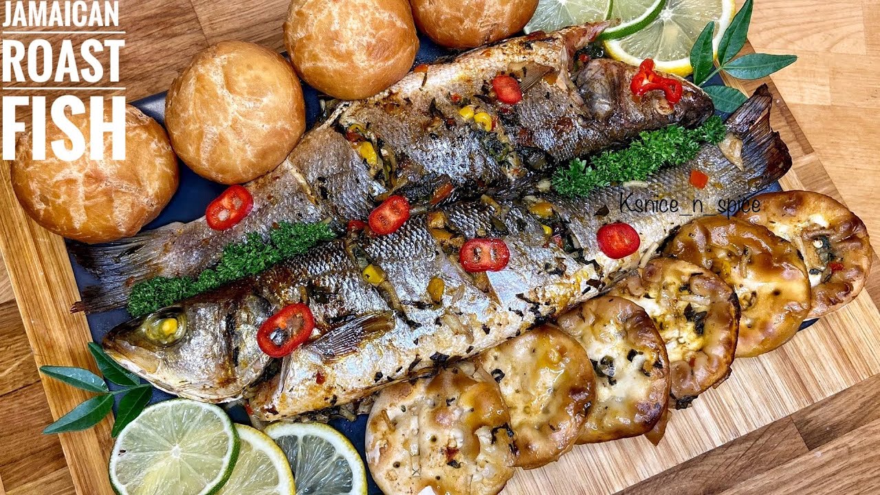 Jamaican Roast Fish stuffed with Spinach, Okra and Water Crackers ...