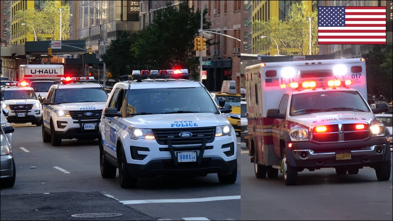 New NYPD police cars patrolling with an FDNY EMS Ambulance responding ...