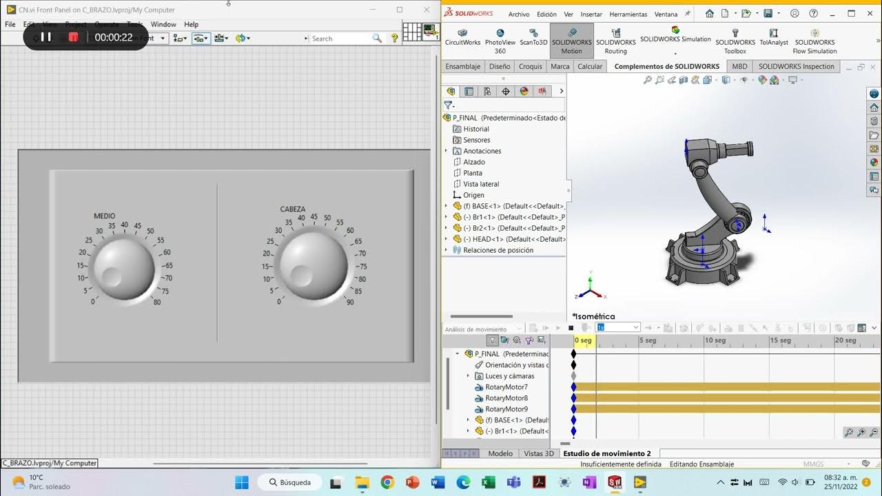 Brazo 2 grados de libertad conexión LabVIEW con SolidWorks - YouTube