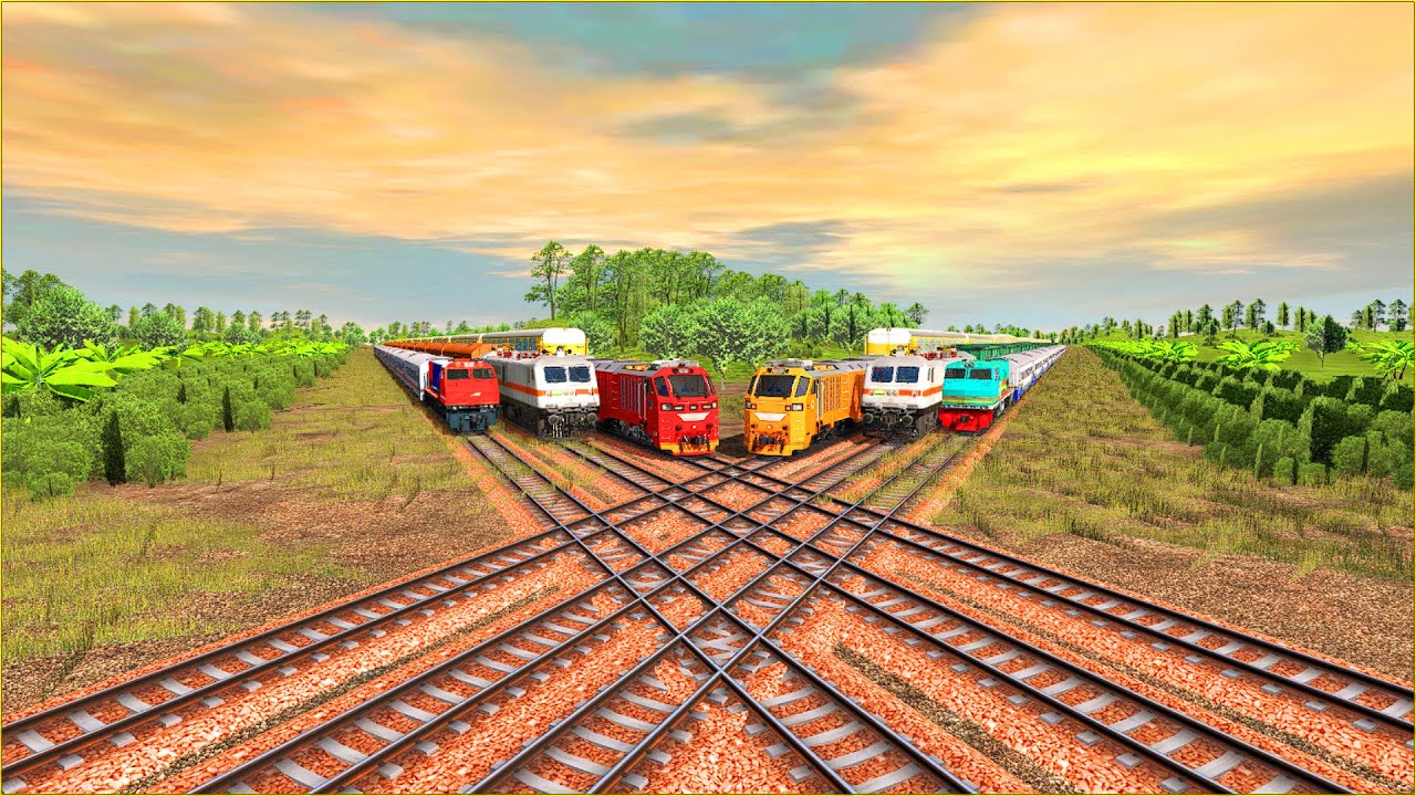 6 DIESEL TRAINS RISKY CROSSING ON TRIPLE CROSS X RAILROAD TRACK ...