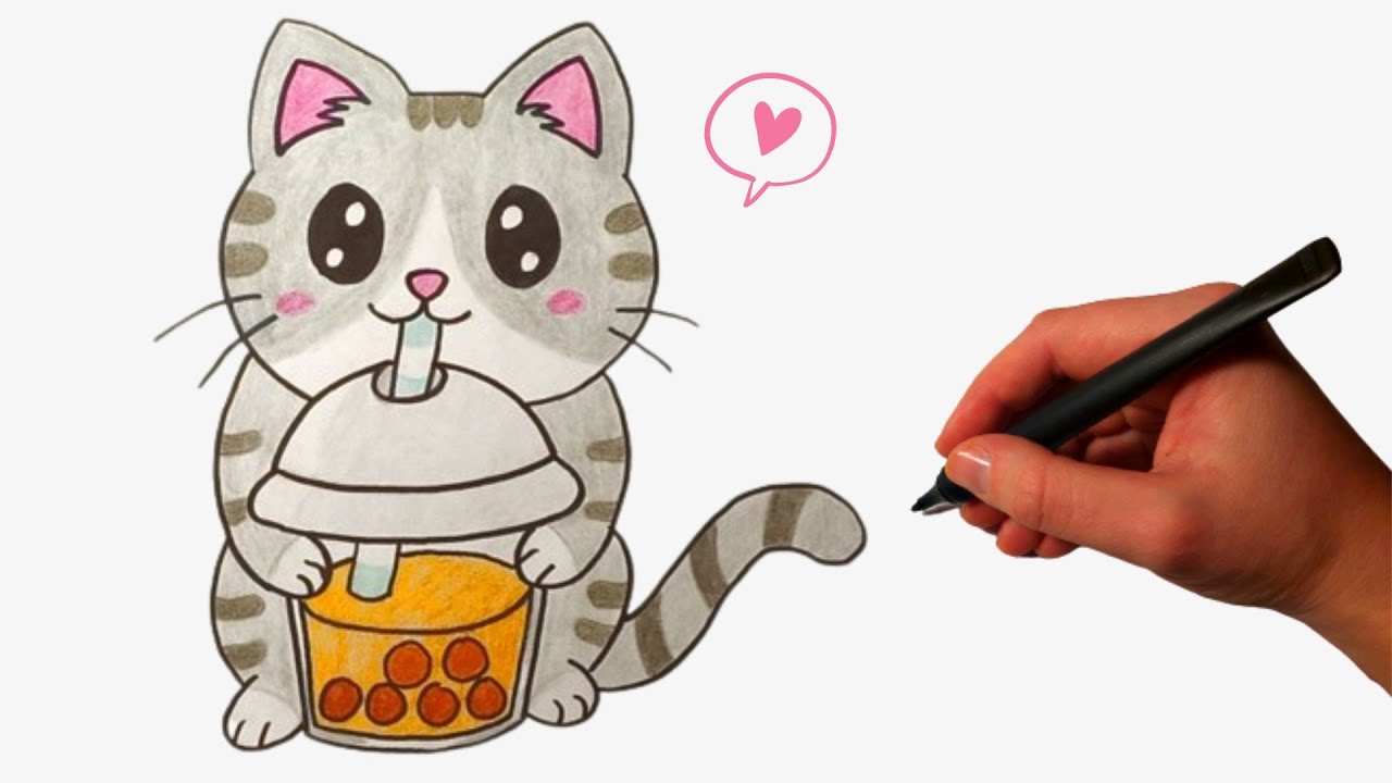 How to Draw a Cute Cat Drinking Bubble Tea Easy - YouTube