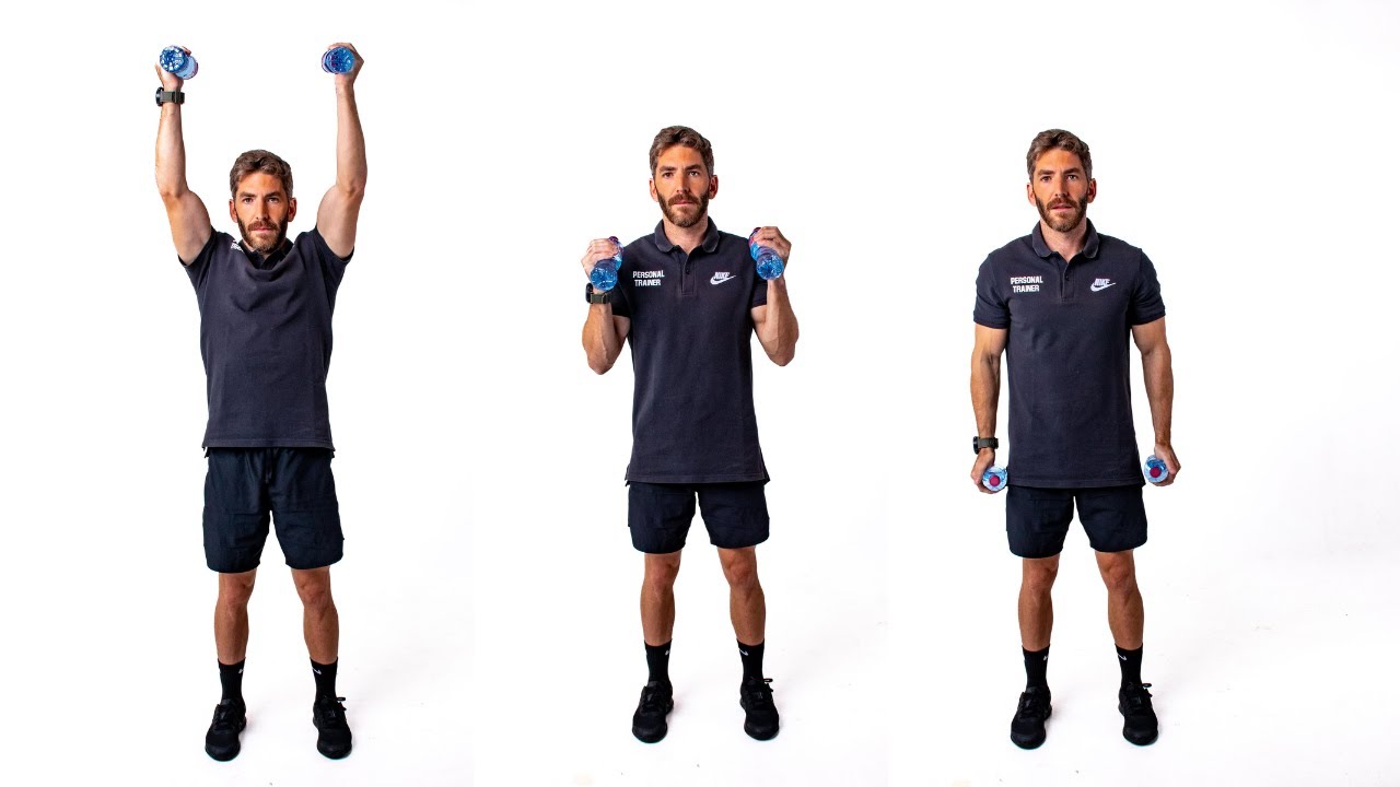 Curl de bíceps y press de hombros con botellas de agua - YouTube