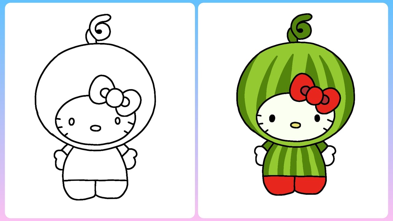 How to draw and color Watermelon Hello Kitty | Easy step-by-step drawing | Little Champs Art ...
