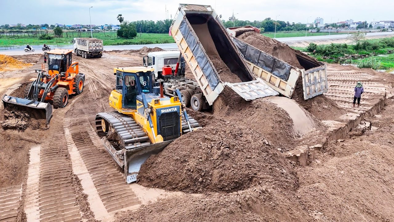 EP3 Fantastic Operator skill Dozer SHANTUI & wheel loader pushing sand ...