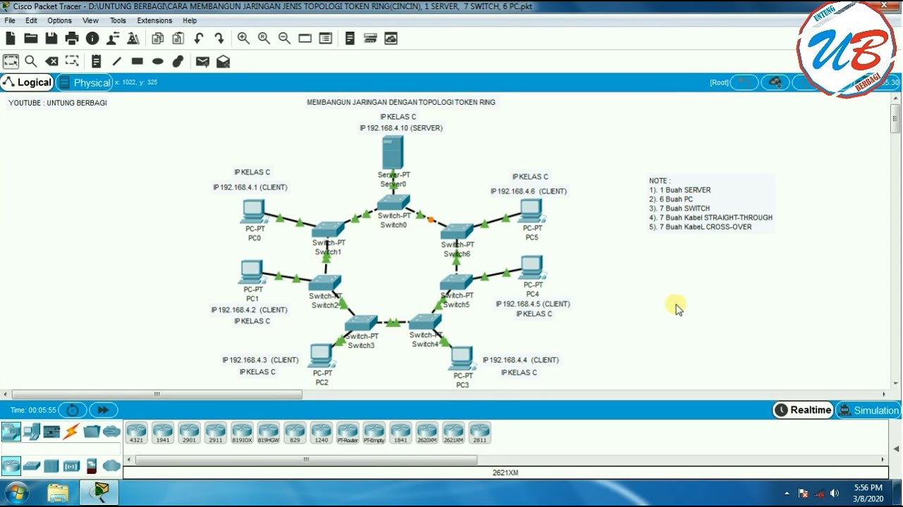 cara membangun jaringan jenis topologi token ring (cincin), 1 server, 7 ...