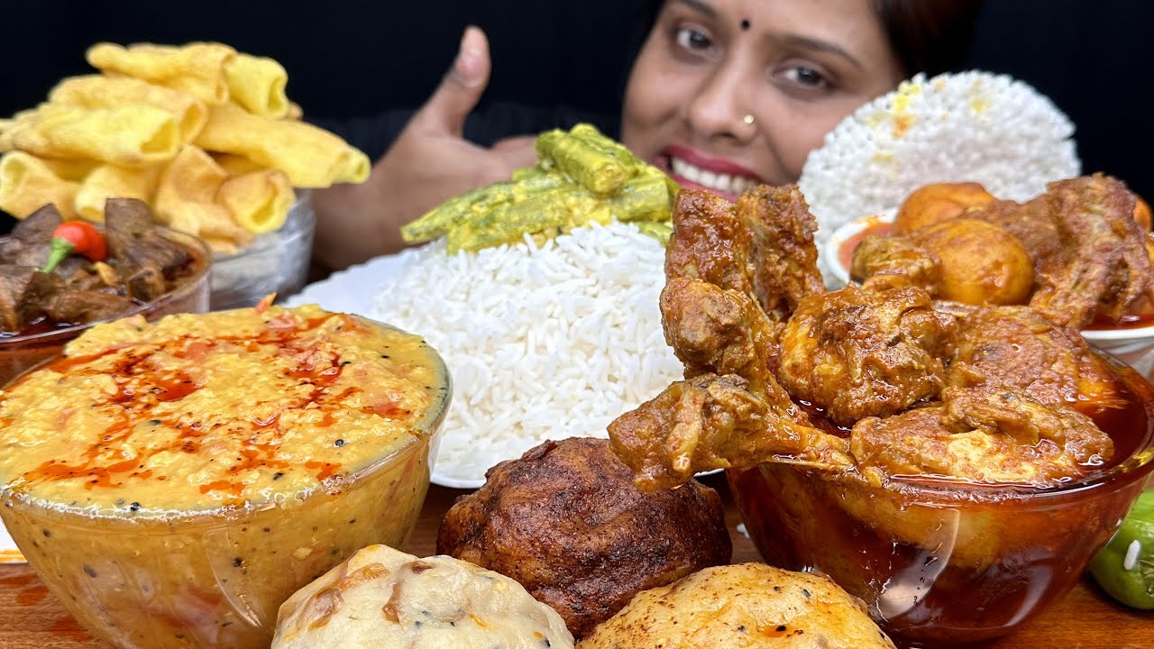 Eating: Mutton Gizzard Curry, Chicken Curry, Aloo Bharta , Papad, Egg ...