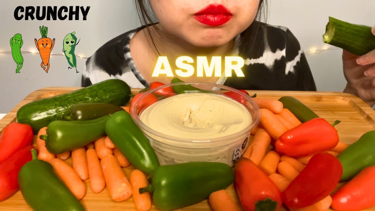 ASMR HEALTHY CRUNCHY RAW CUCUMBERS, PEPPERS, AND CARROTS WITH HUMMUS ...