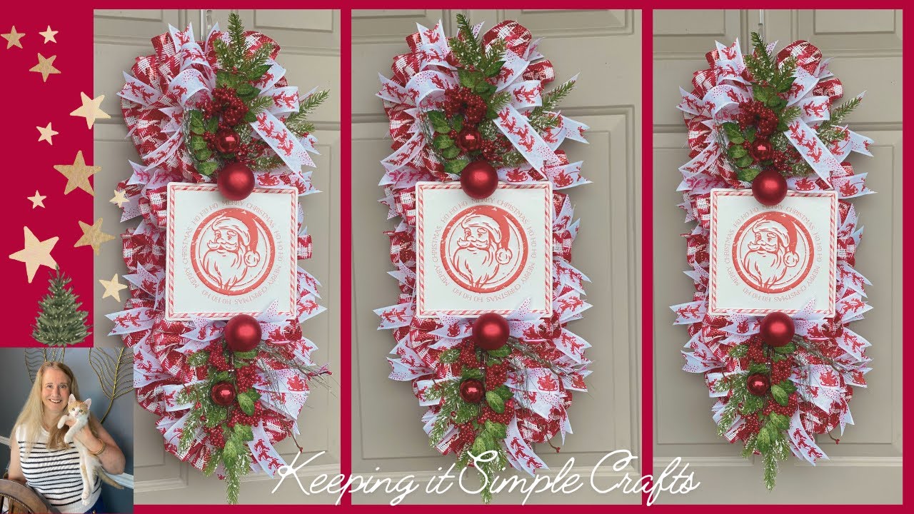 EASY CHRISTMAS DOOR SWAG - WREATH DIY 🎄USING A PAINT STIR STICK🎄WOODLAND RUFFLE - YouTube