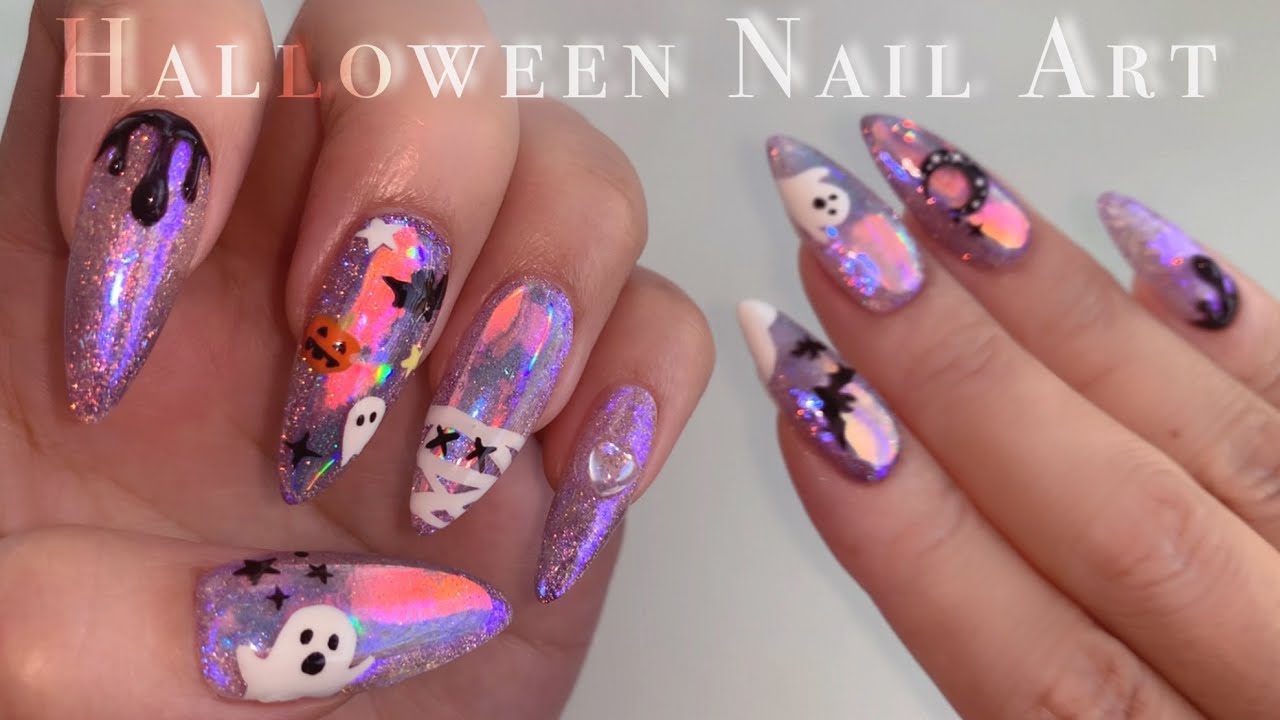 Engsub 알리익스프레스 홀로그램 스티커🪩 이거진짜 반짝임 역대급🫢 할로윈 네일아트🎃🧡 얼음네일 쉽게 하는법