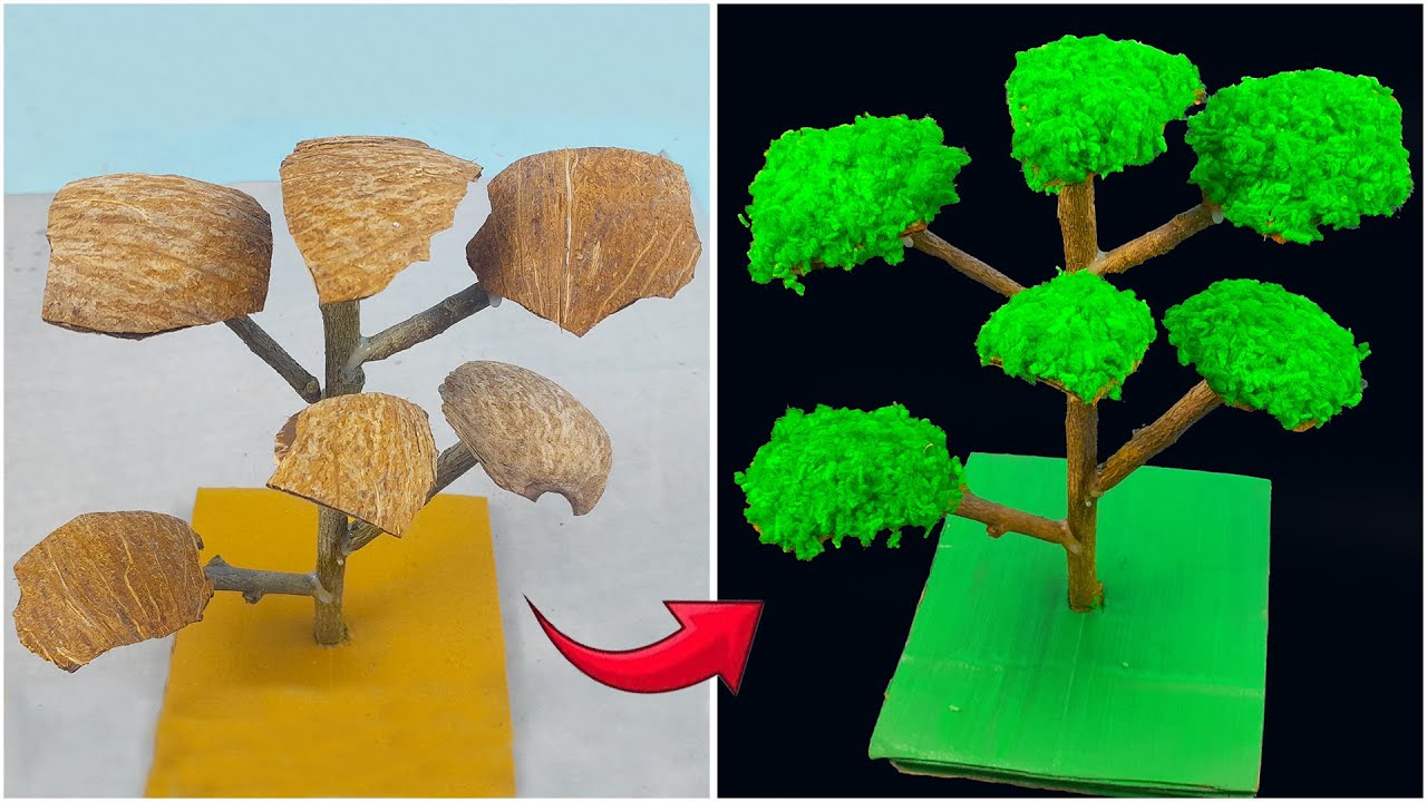 Tree Making | Coconut shell craft ideas | How to make tree using ...